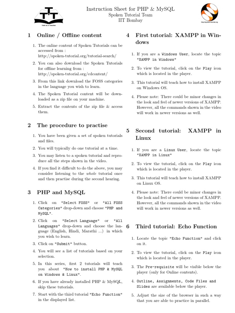 Instruction Sheet For PHP & Mysql: Spoken Tutorial Team Iit Bombay | PDF | Directory (Computing ...