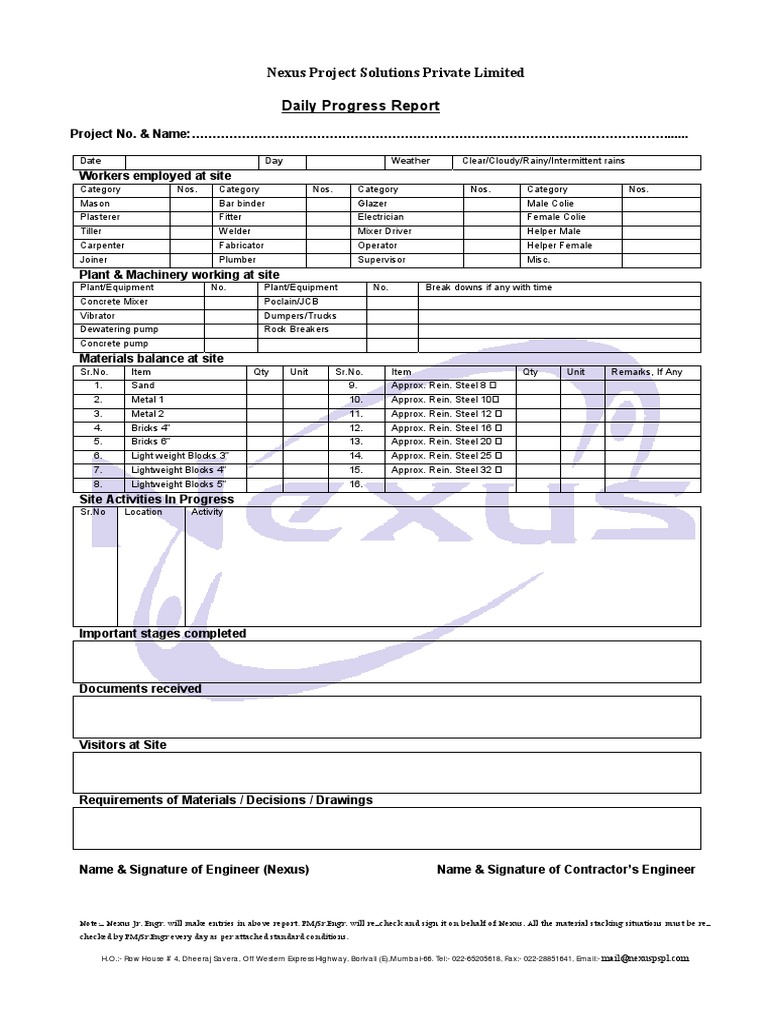 Nexus Project Solutions Private Limited Daily Progress Report | PDF ...