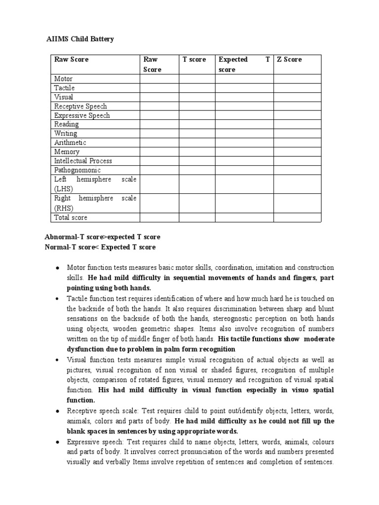AIIMS-Child Battery - Report Format | PDF | Learning Disability | Memory