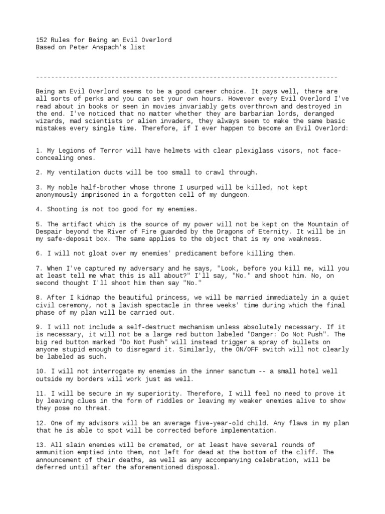 Humor - AD&D - 152 Rules For Being An Evil Overlord | PDF
