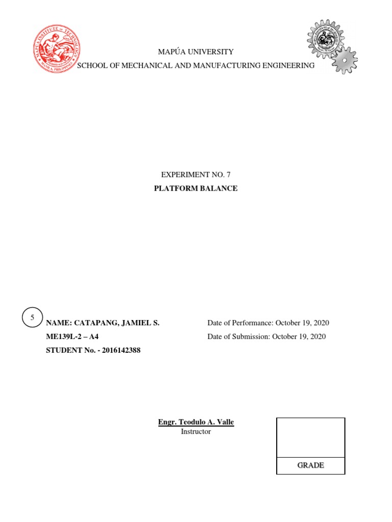 Experiment 7 (Platform Balance - A4) | PDF | Weighing Scale | Weight