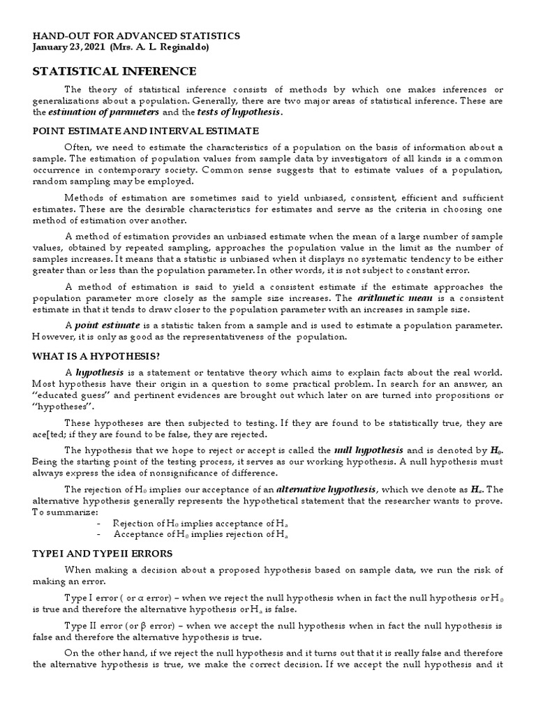 Advanced Statistics: Inference & Hypothesis | PDF | Type I And Type Ii Errors | Hypothesis