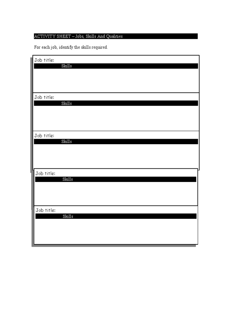 For Each Job, Identify The Skills Required. Job Title:: ACTIVITY SHEET ...