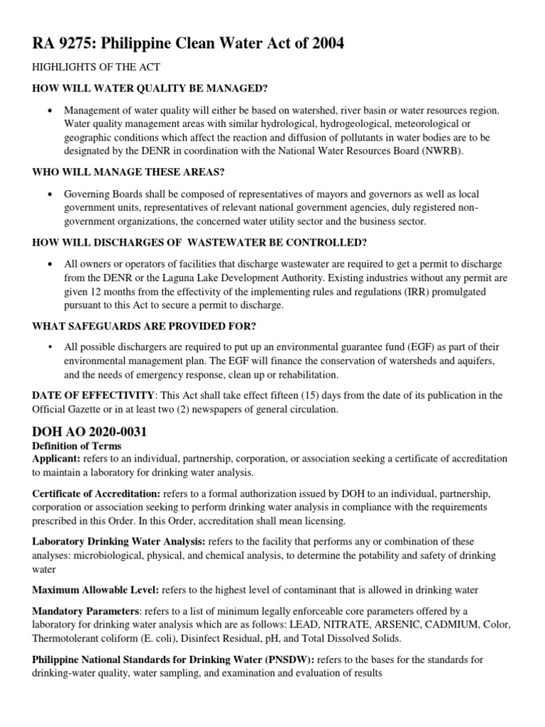 RA 9275: Philippine Clean Water Act of 2004: DOH AO 2020-0031 | PDF ...