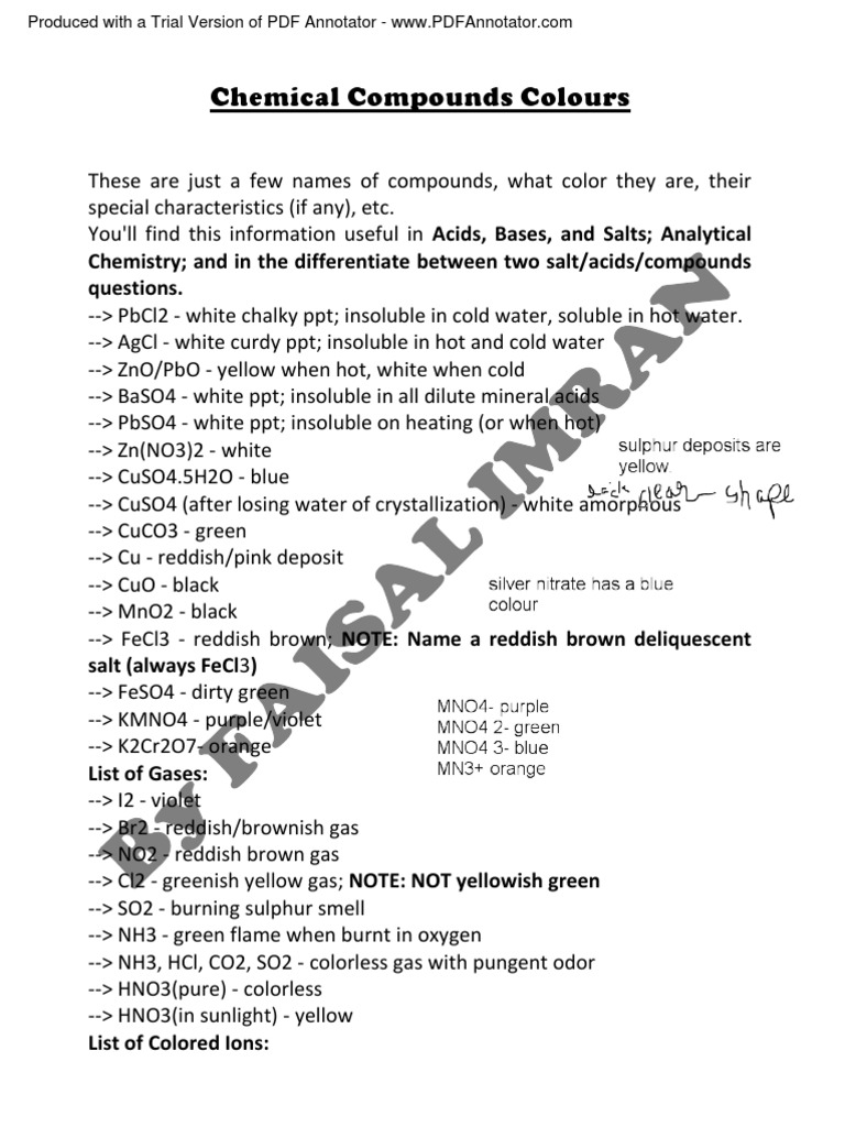 Colours of Chemical Compounds for Class 10 | PDF | Cooking, Food & Wine ...