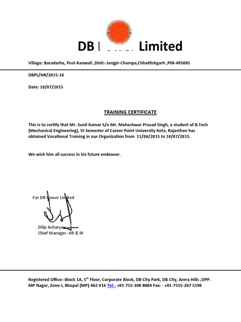 DB Power Limited: Training Certificate | PDF | Career & Growth | Business