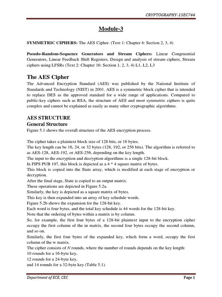 Module-3: Aes Structure General Structure | PDF | Cryptography | Cipher