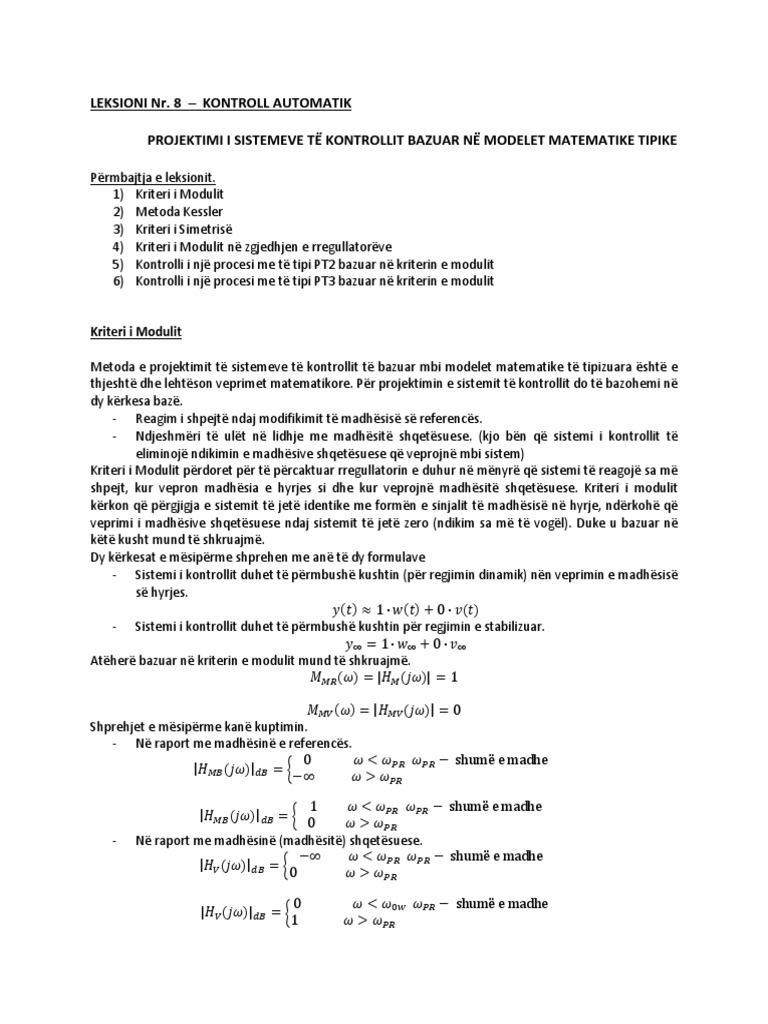Leksioni Nr. 8 - Kontroll Automatik Projektimi I Sistemeve Të Kontrollit Bazuar Në Modelet ...