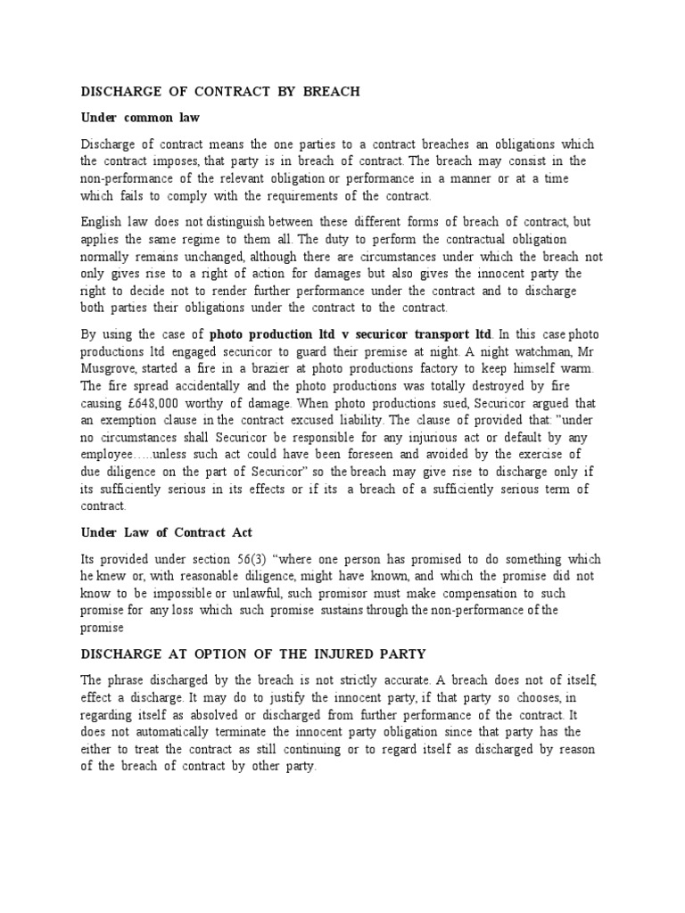 Discharge of Contract by Breach | PDF | Breach Of Contract | Damages