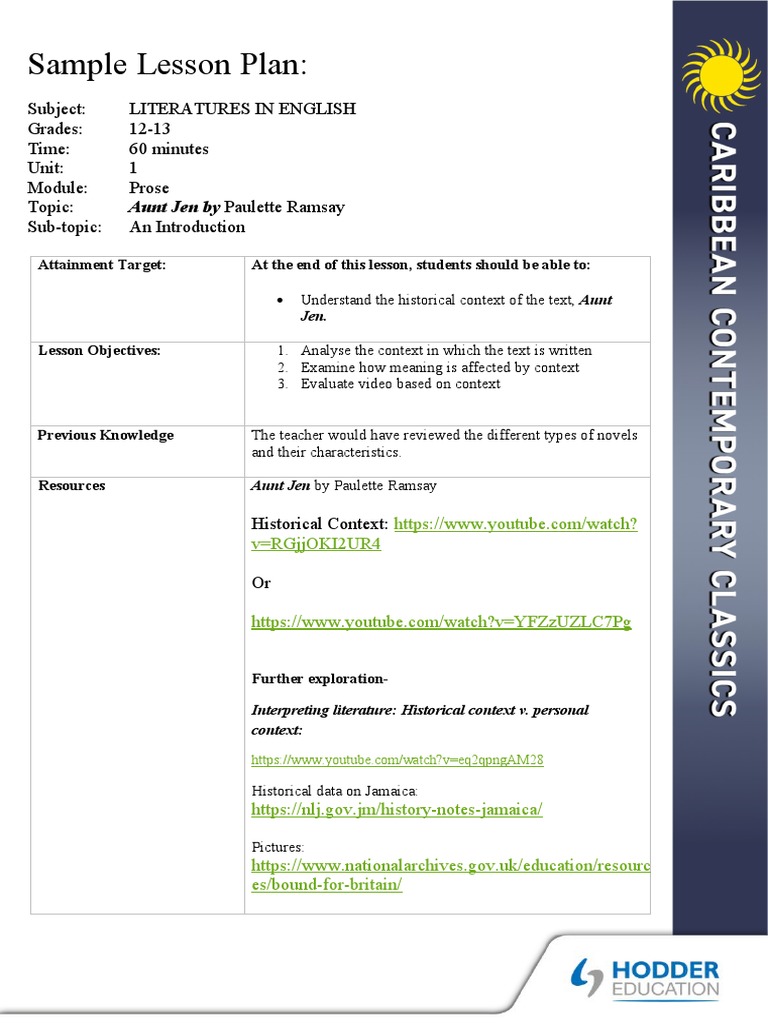 Sample Lesson Plan:: Aunt Jen by Paulette Ramsay | PDF | Narrative | Essays