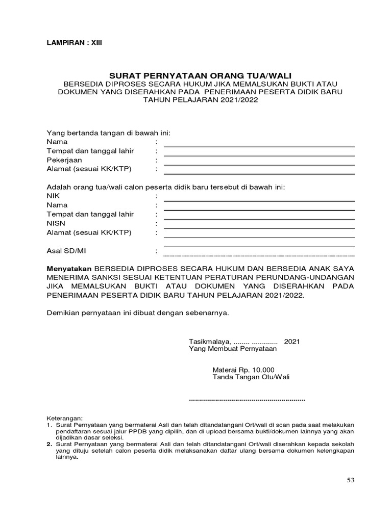 Lamp. 13-Contoh Surat Pernyataan Ortu PPDB 2021 | PDF