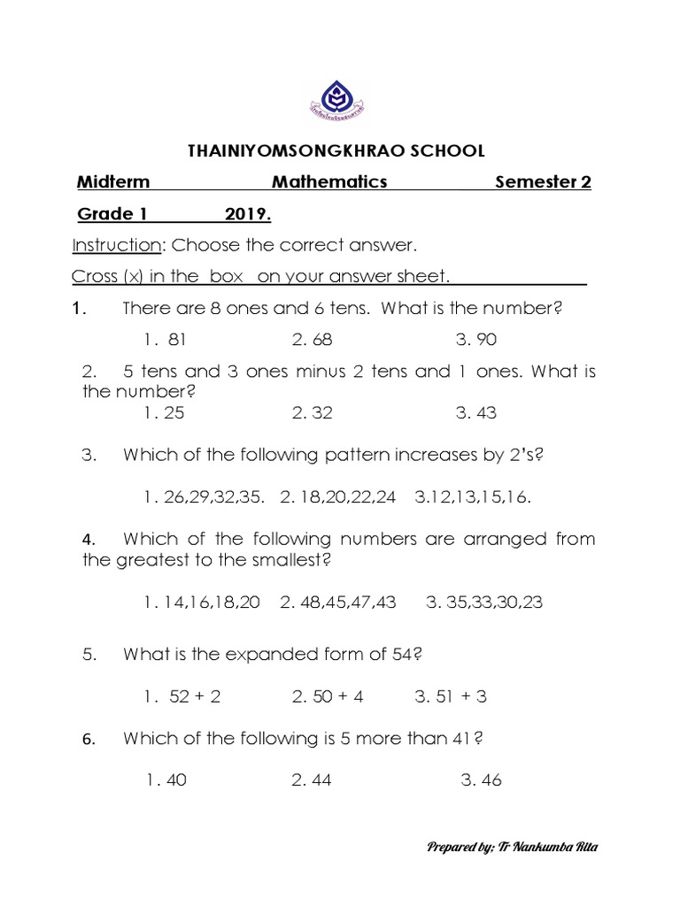 Grade 1 Mathematics Midterm Exam 2019 | PDF | Teaching Methods & Materials