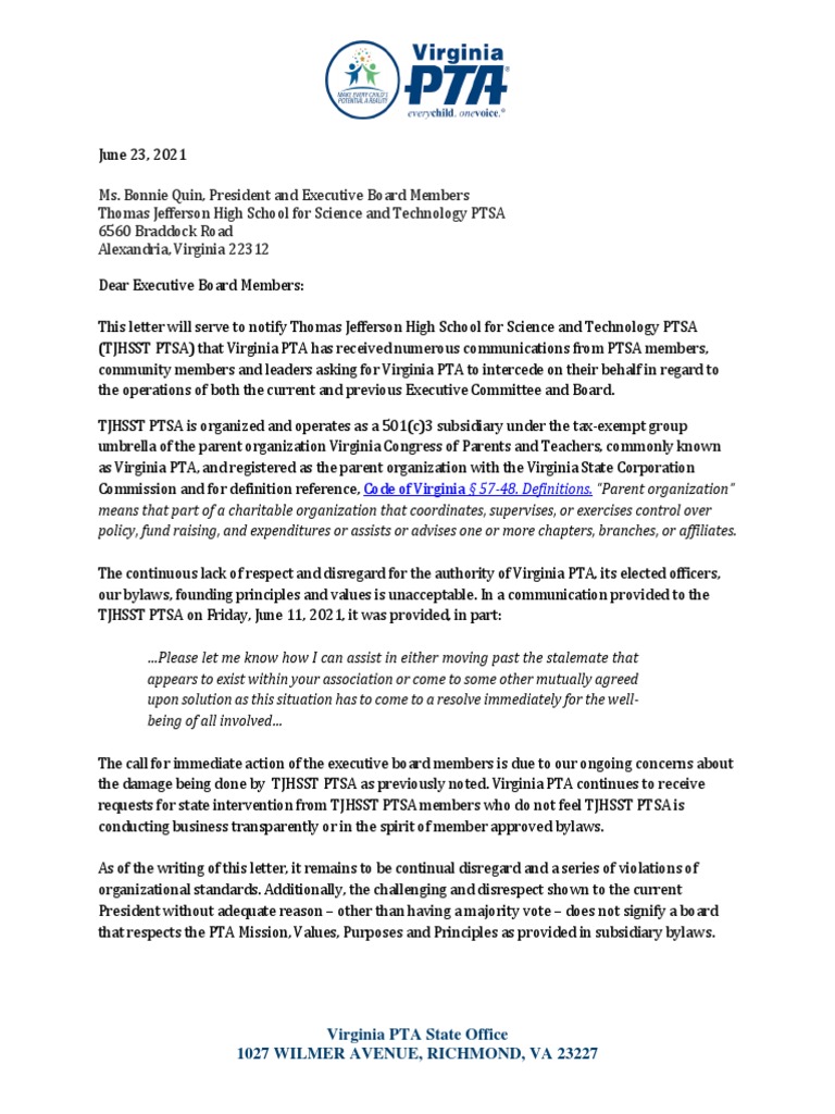 TJHSST PTSA Notification Letter 06232021 | PDF | Committee | Board Of ...