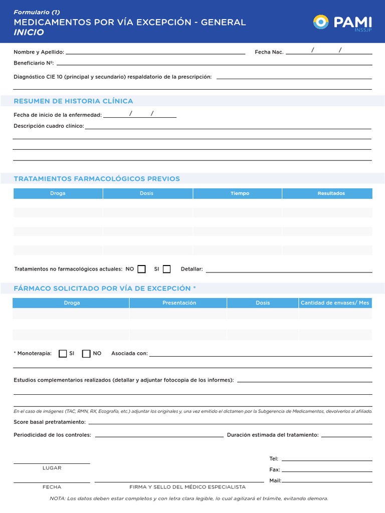 Formulario PAMI Medicamentos Vía Excepción | PDF