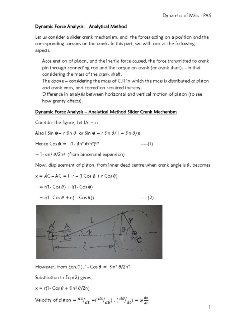 Dynamic Force Analysis of Slider Crank Mechanism | PDF | Torque | Force