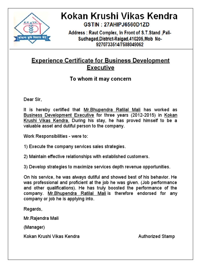 Experience Certificate For Business Development Executive: To Whom It ...
