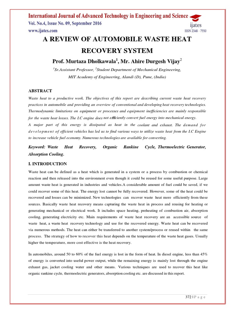A Review of Automobile Waste Heat Recovery System: Prof. Murtaza ...