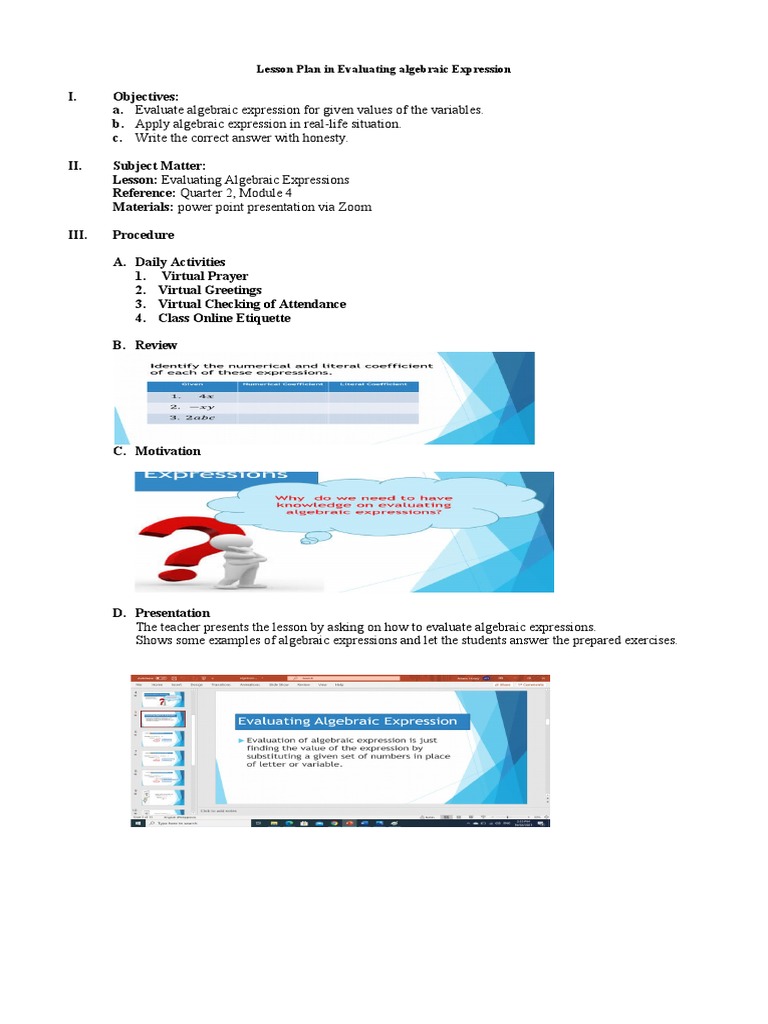 Lesson Plan in Evaluating Algebraic Expression | PDF