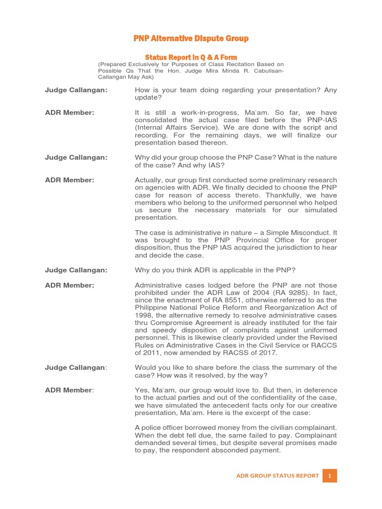 PNP Alternative Dispute Group: Status Report in Q & A Form | PDF ...