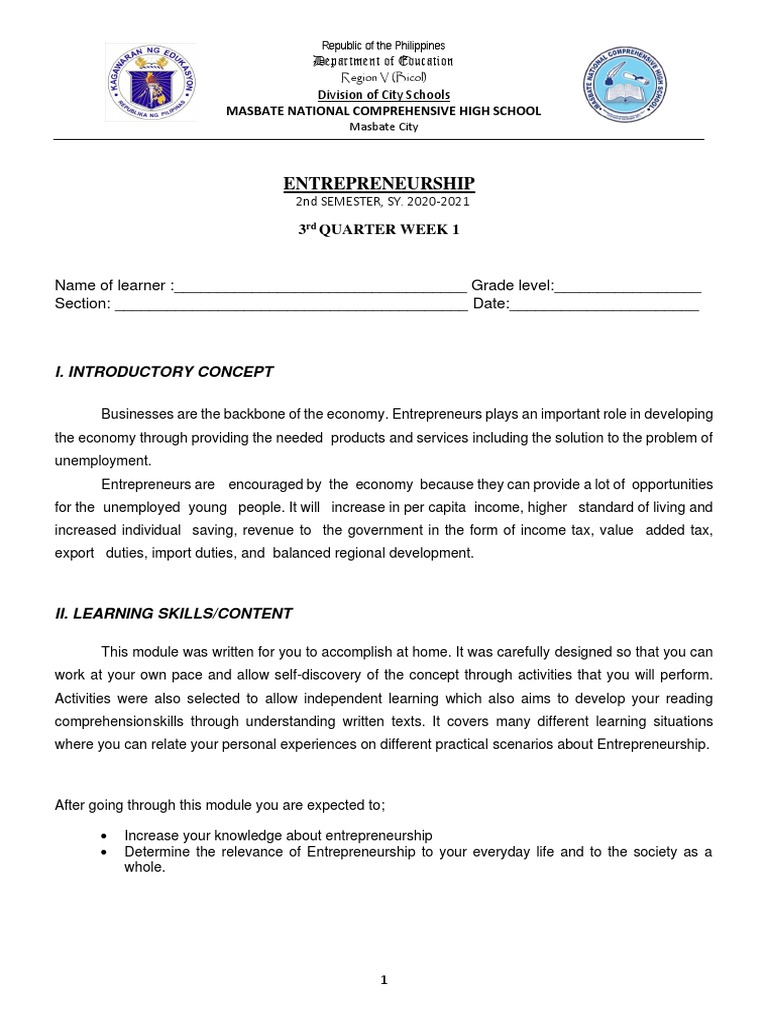 Entrepreneurship LAS Lesson-1 Week1 | PDF | Entrepreneurship | Economies