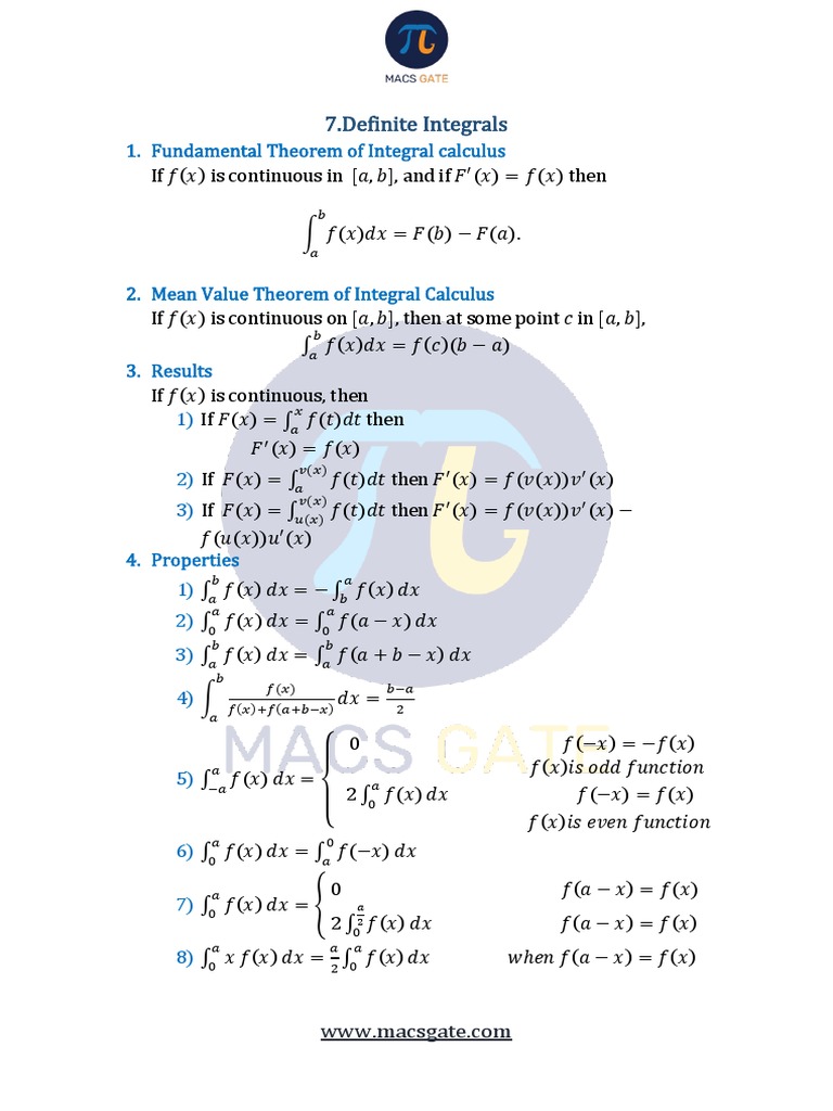 Fundamental Concepts and Properties of Definite Integrals | PDF ...