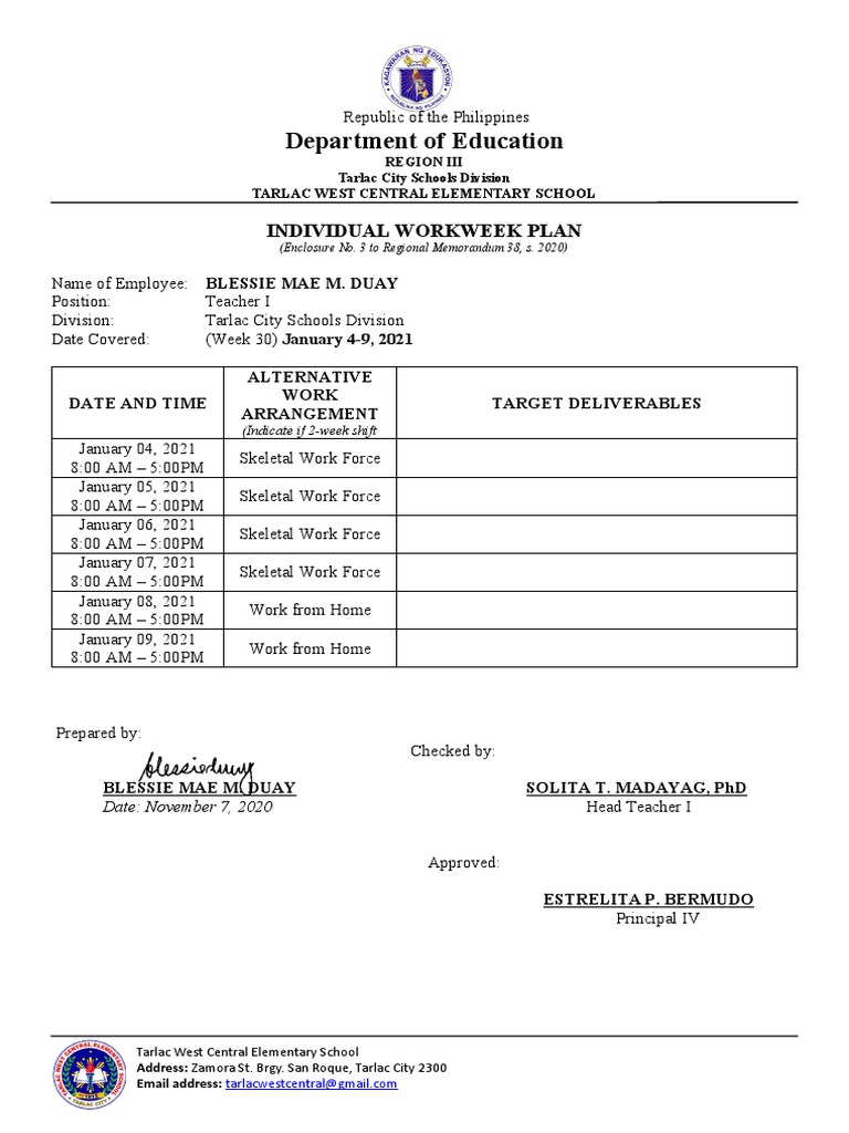 Department of Education: Individual Workweek Plan | Download Free PDF | Policy | Philippines