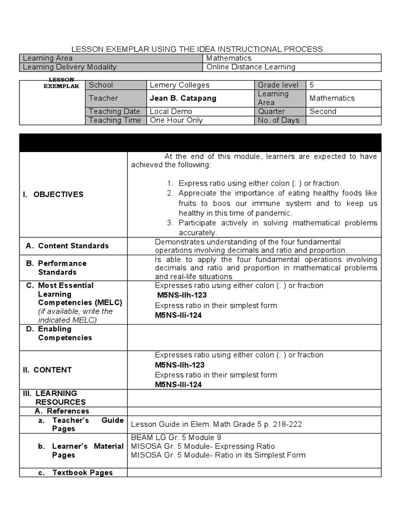 Lesson Exemplar in Math | PDF | Ratio | Teaching Mathematics