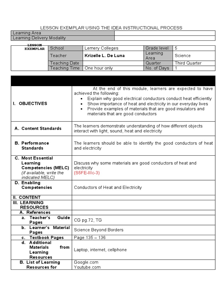 LESSON-EXEMPLAR in Science 4 | PDF | Electrical Conductor | Electrical ...