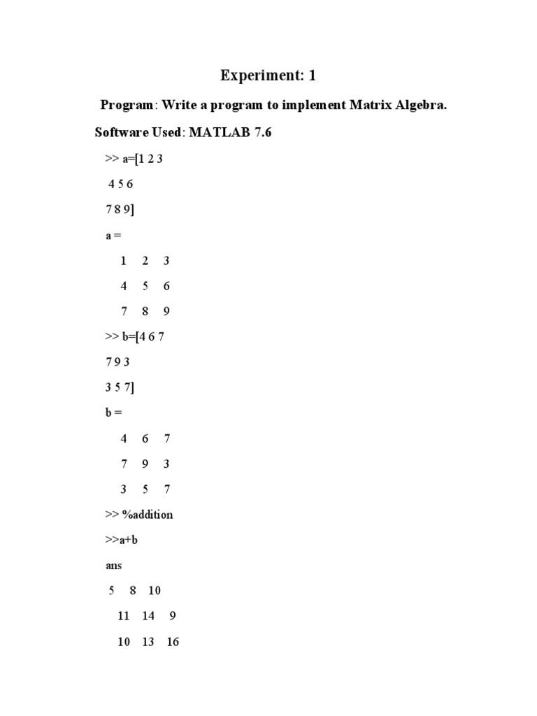 Experiment: 1: Program: Write A Program To Implement Matrix Algebra ...