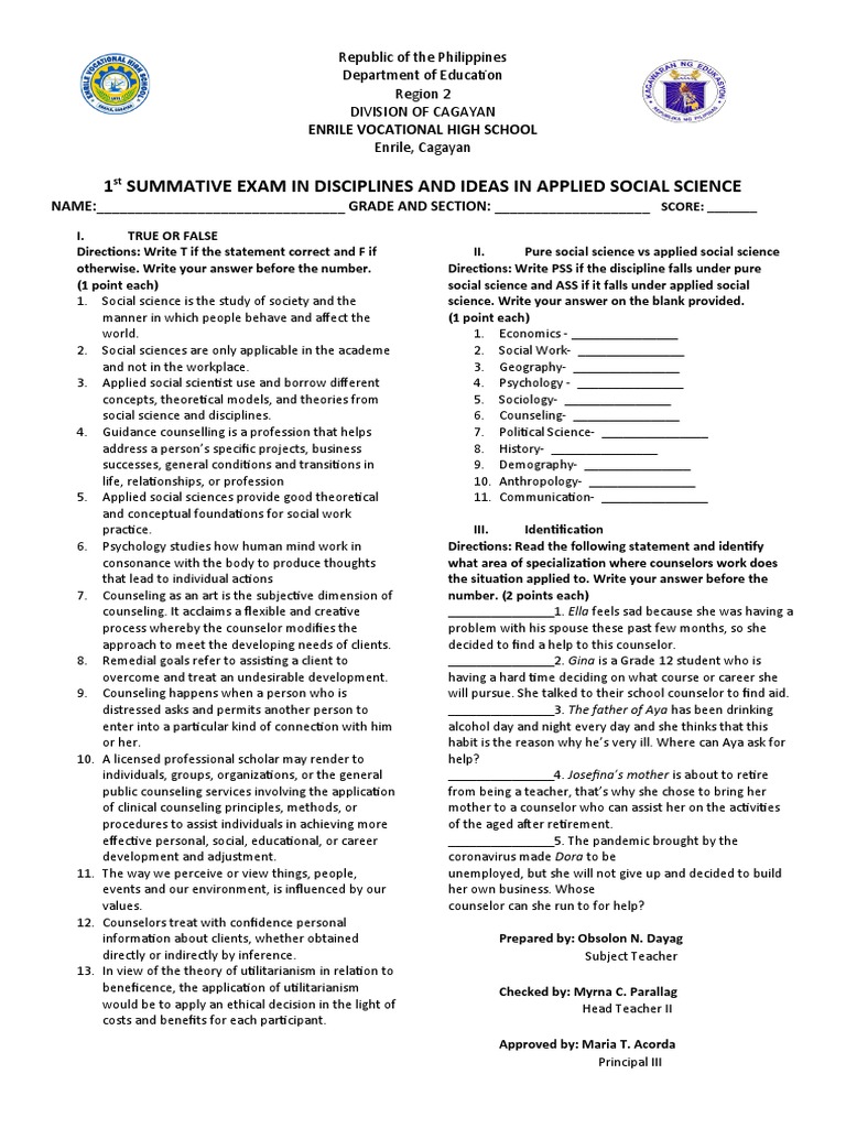 1 Summative Exam in Disciplines and Ideas in Applied Social Science ...