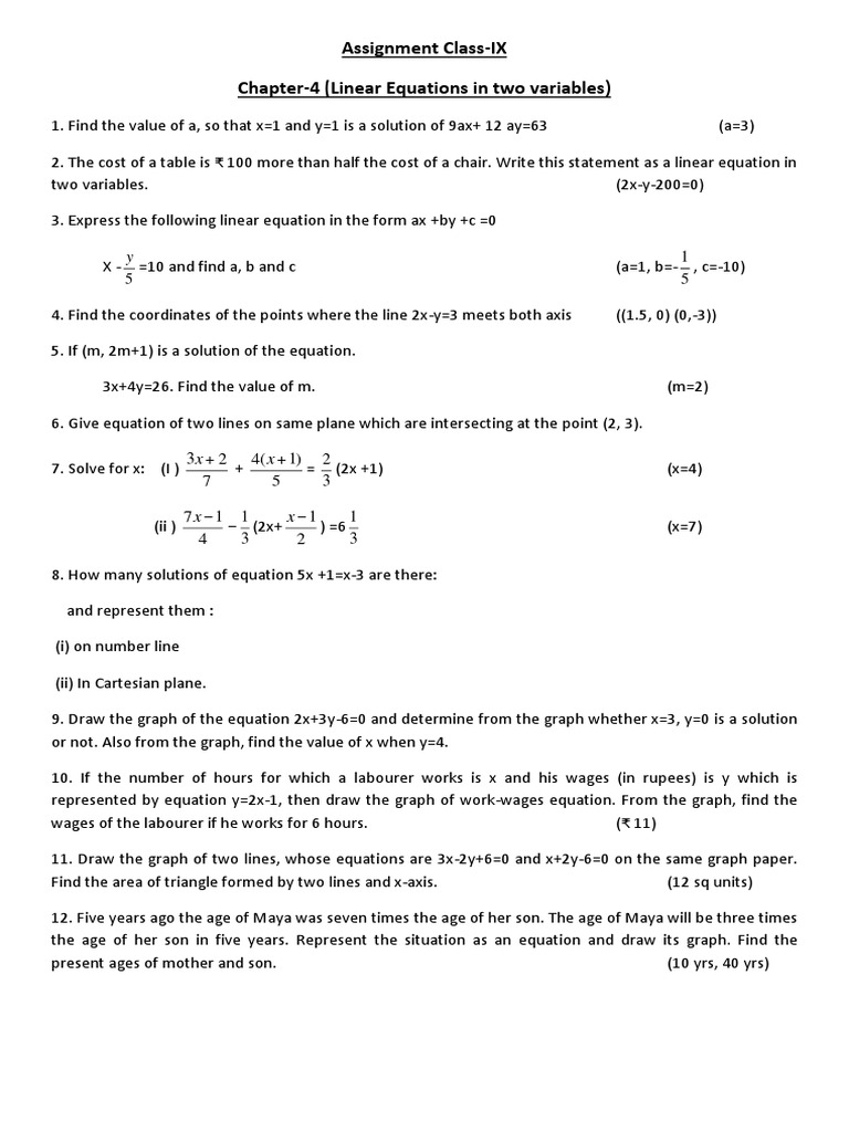 Assignment Class-IX Chapter-4 (Linear Equations in Two Variables) | PDF ...