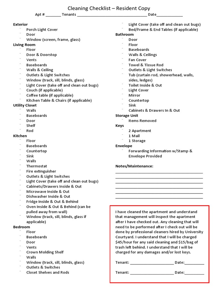 Resident Move Out Self Checkout Inspection Checklist 2020 Version | PDF ...