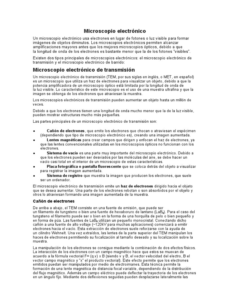 Tipos y Funcionamiento del Microscopio Electrónico | PDF | Microscopio ...