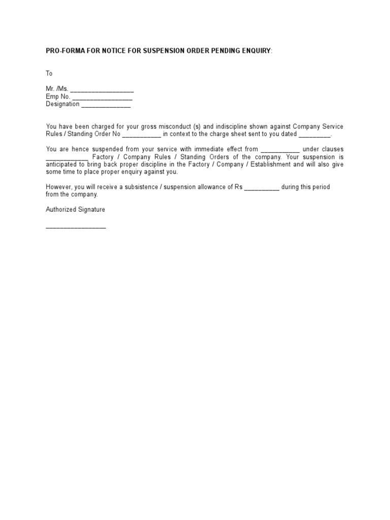 Pro Forma For Notice For Suspension Order Pending Enquiry | PDF