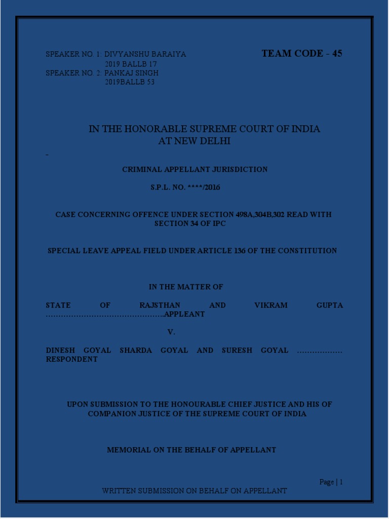 In The Honorable Supreme Court of India at New Delhi: Team Code - 45 ...