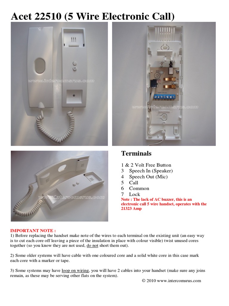 Acet 22510 Door Entry Handset Data Sheet | PDF
