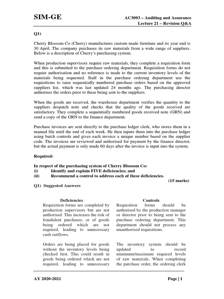 Sim-Ge: Q1) Suggested Answers | PDF | Audit | Invoice