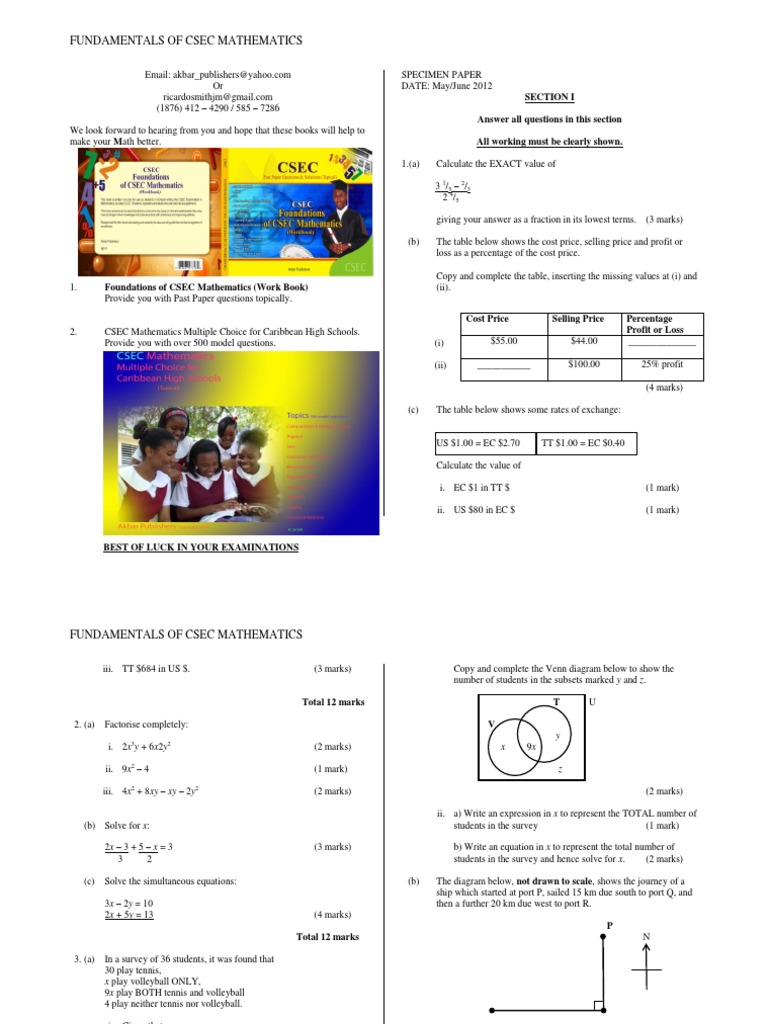 Fundamentals of Csec Mathematics: Section I Answer All Questions in ...