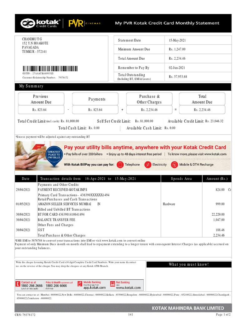 Previous Amount Due Payments Purchase & Other Charges Total Amount Due ...