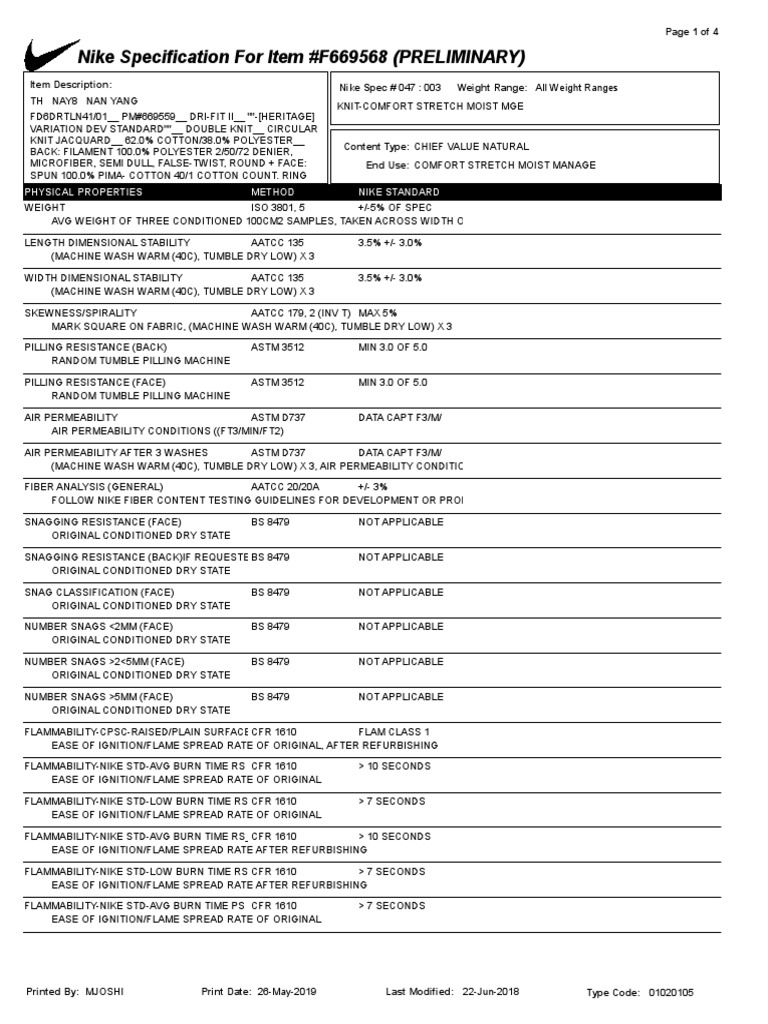 Nike Testing Requirement | PDF | Fibers | Textiles