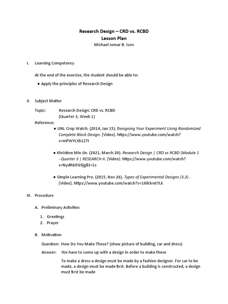 RCBD and CRD Lesson Plan | PDF | Experiment | Design Of Experiments