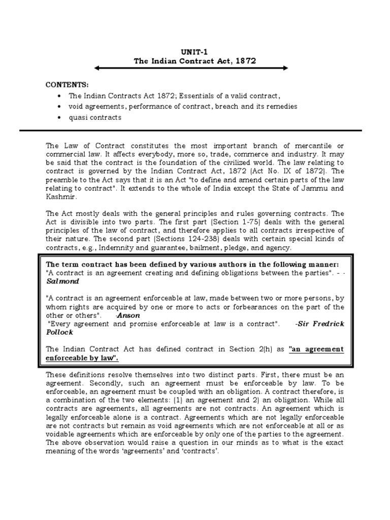 UNIT-1 The Indian Contract Act, 1872: Contents | PDF | Offer And ...