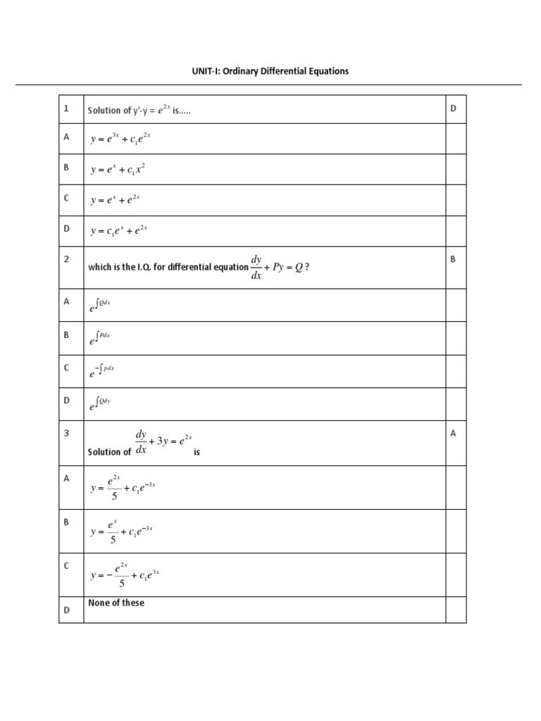 M3 Unit 1 - MCQ | PDF | Ordinary Differential Equation | Mathematical ...