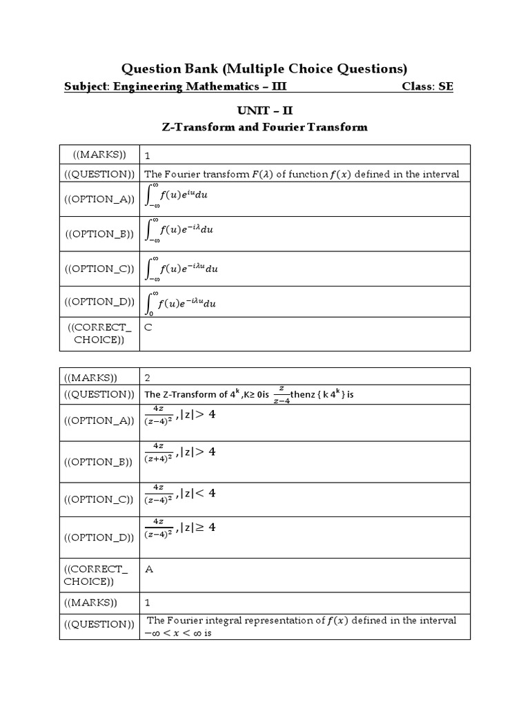 Question Bank (Multiple Choice Questions) | PDF | Trigonometric Functions | Fourier Transform