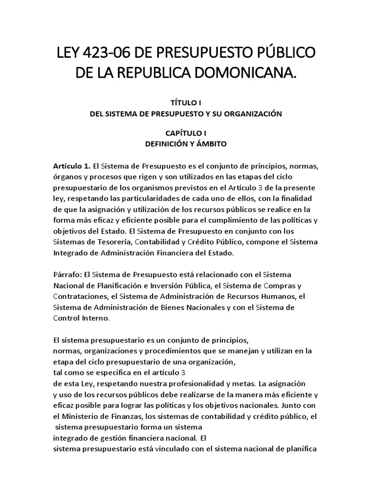 Ley 423-06 de Presupuesto Público de La Republica Domonicana | PDF ...