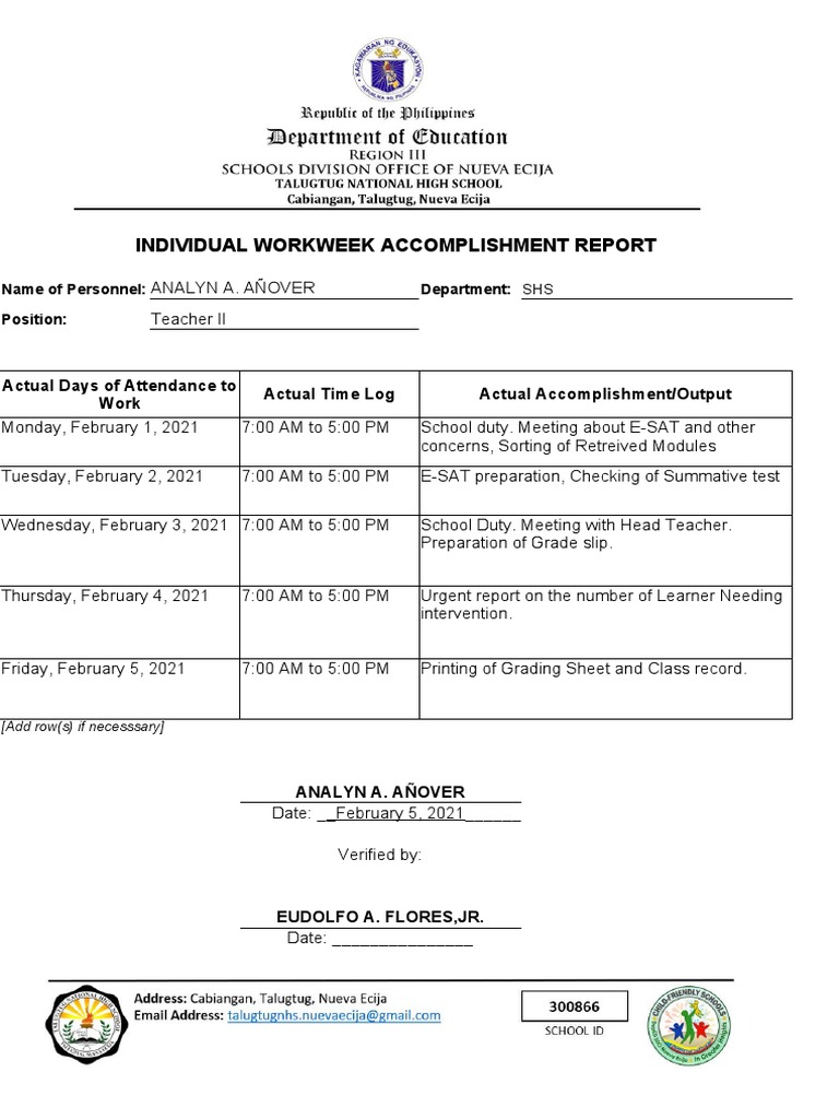 Individual Workweek Accomplishment Report: Name of Personnel ...