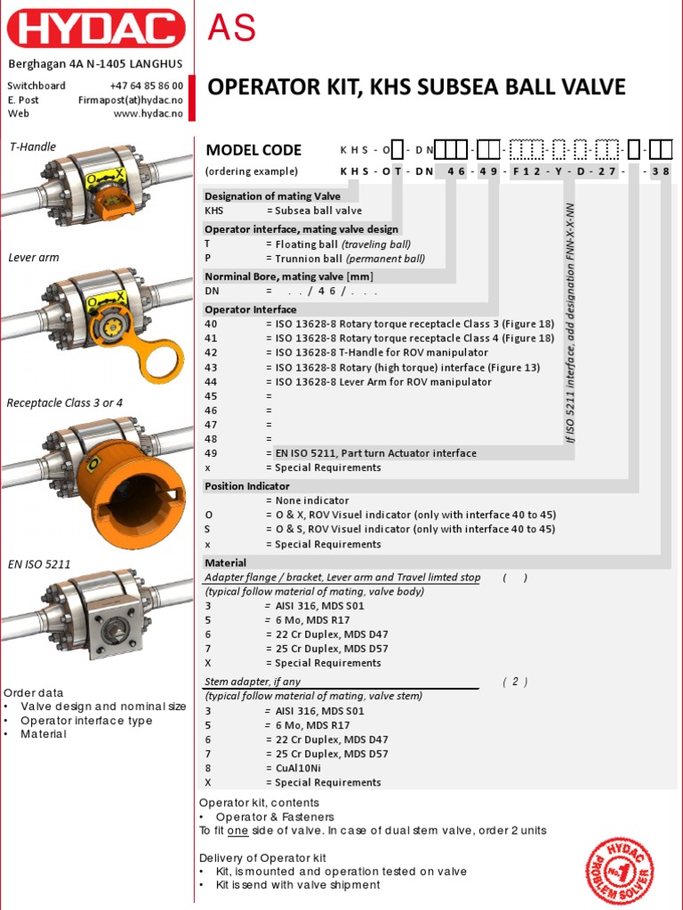 Operator Kit, Khs Subsea Ball Valve: Model Code | PDF | Valve ...