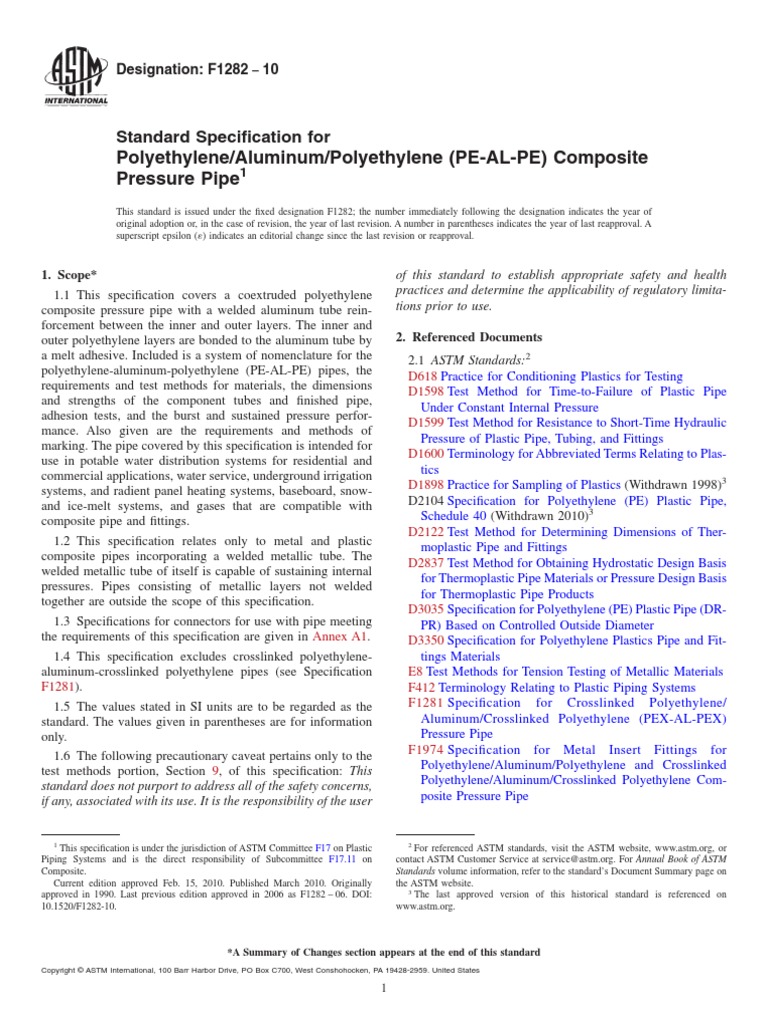 Astm F 1282 | PDF | Pipe (Fluid Conveyance) | Strength Of Materials