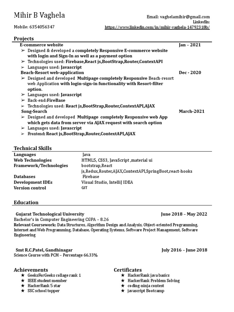 Mihir B Vaghela: Projects | PDF | Web Application | Java Script