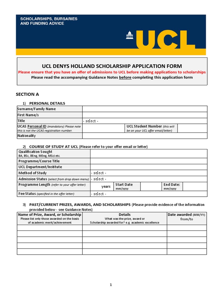 Ucl Denys Holland Scholarship Application Form: Section A | PDF ...